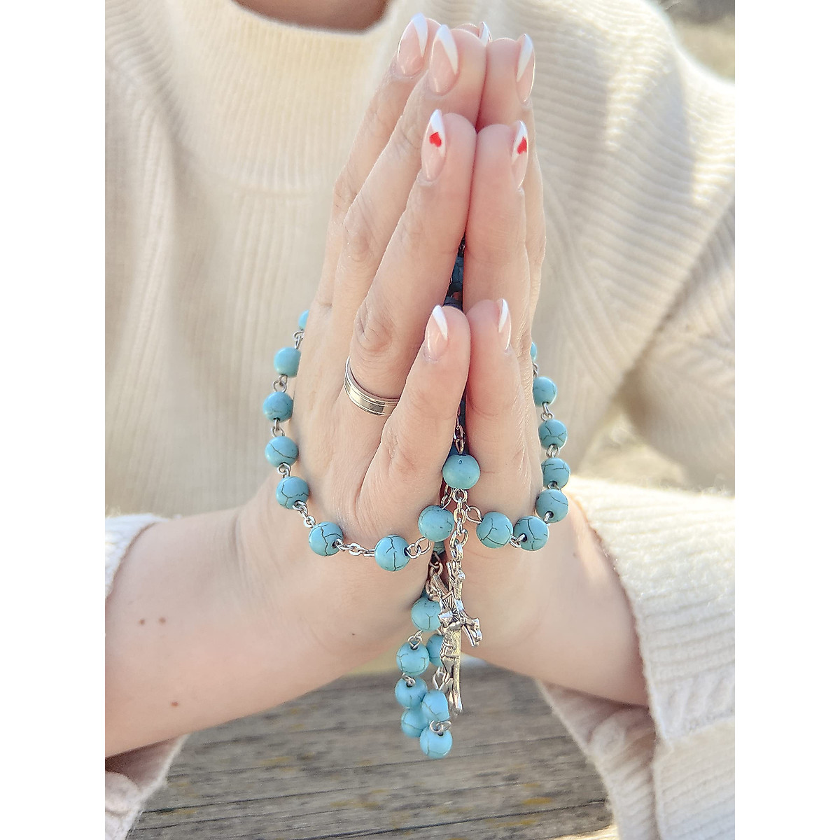 Nazareth Store Sky Blue Marble Stone Beads Rosary Turquoise Beaded Necklace Catholic Miraculous Medal & Jesus Cross