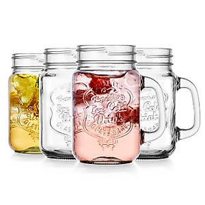 Glaver's Mason Drinking Jars – Set of 4, 16 Oz Clear Glass Jars – With Convenient Handle and Ice-Cold Embossed Logo – Ideal for Hot and Sunny Days – Perfect Glass Cups for Cold Drinks