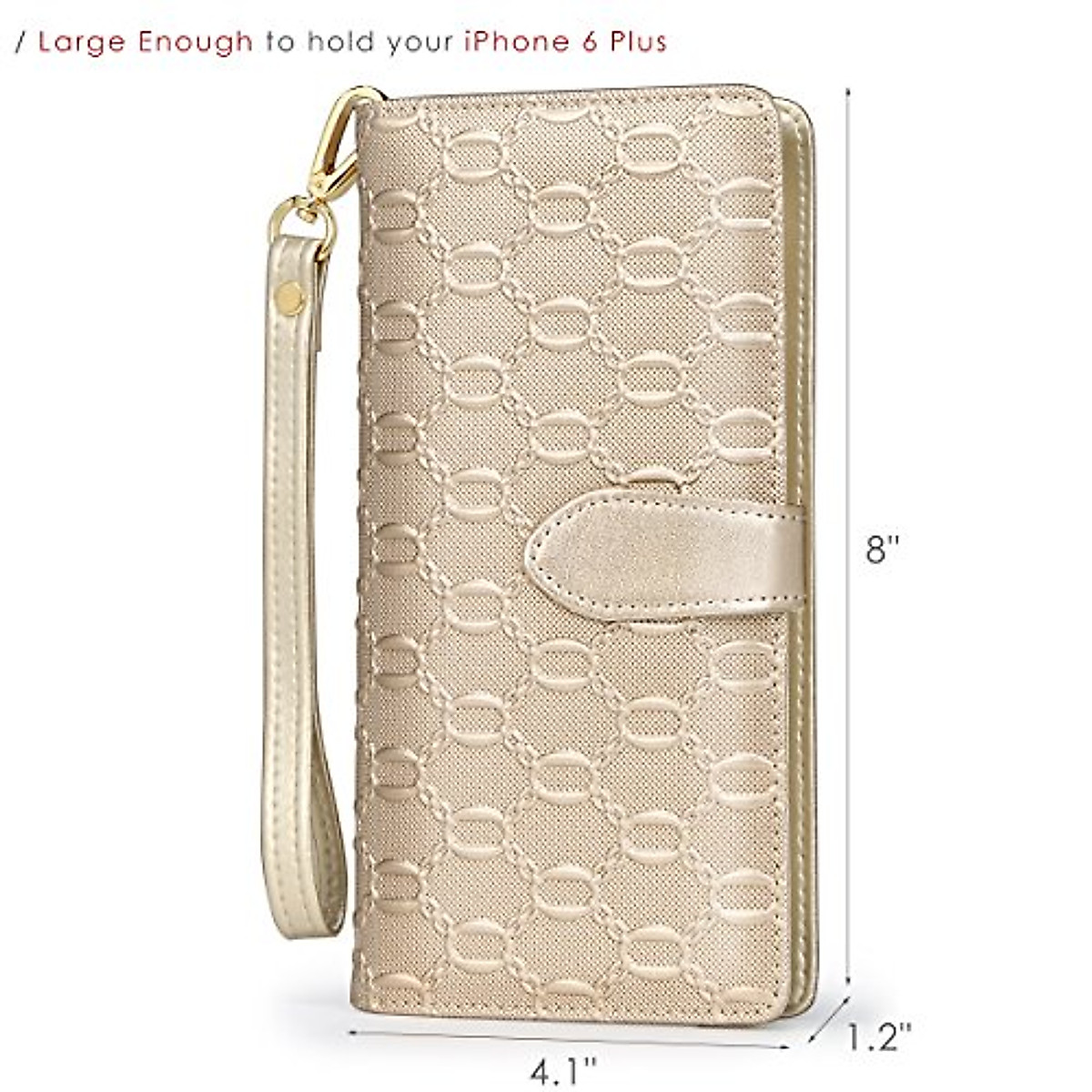 FOXER Leather Wallets for Women, Leather Gift Box Packing Chain Pattern Ladies Clutch Purses with Wristband Women's Trifold Long Wallets Womens Zip Around Wallets Credit Card Holders (Gold)