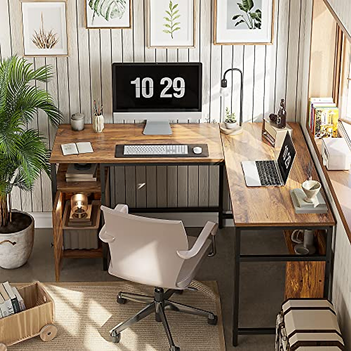 CubiCubi L Shaped Desk with File cabinets, 59.1 Inch Corner Computer Desk, Home Office Gaming Writing Workstation with Storage Shelves, Deep Brown