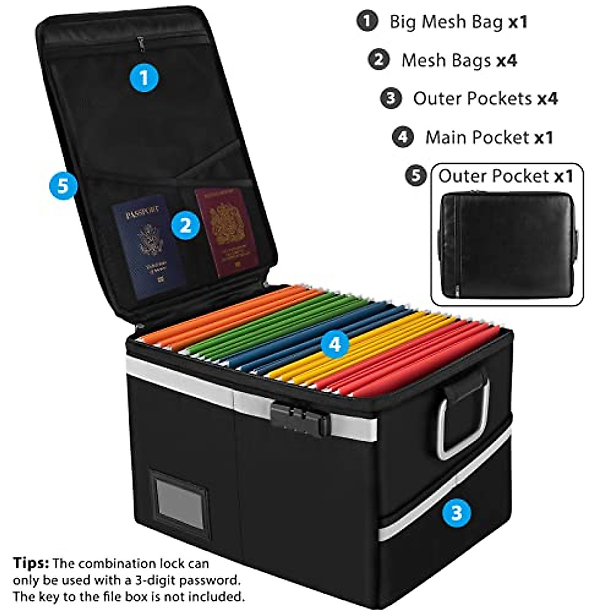 Addoklm File Box Fireproof Document Box with Lock,Document Storage Organizer Box,Collapsible File Cabinet with Metal Handle for Letter and Legal Size,Folders/Certificates/Books(Black)