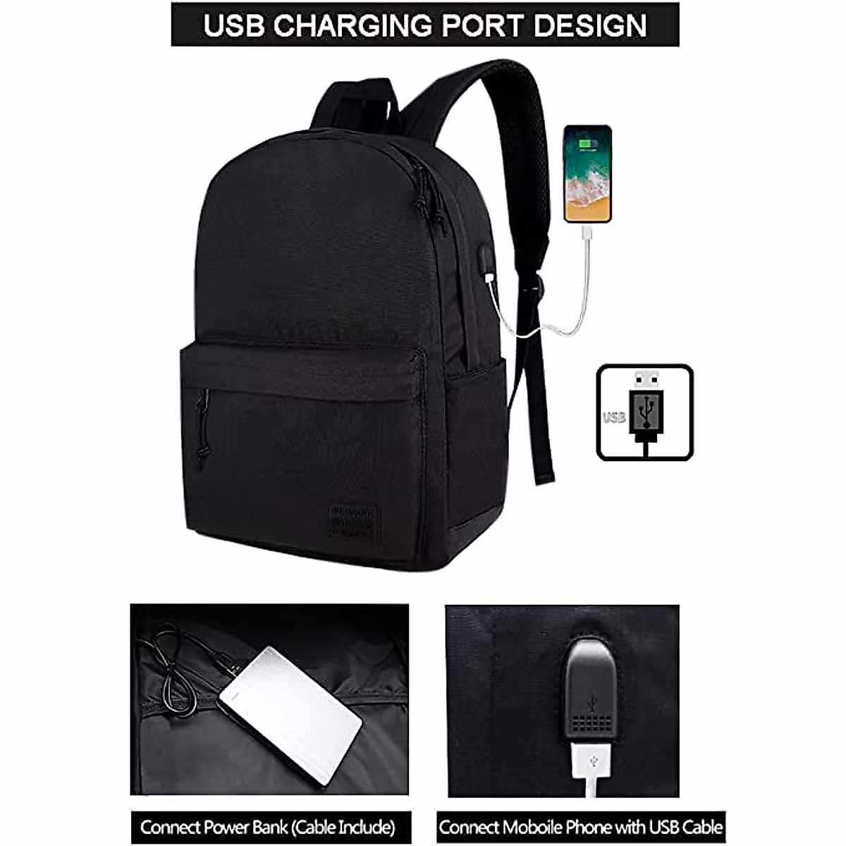 SUPACOOL Lightweight Casual Laptop Backpack & Pencil Pouch, Backpack with USB Charging Port for Men and Women School Bookbag for College Work backpack (Black backpack set)
