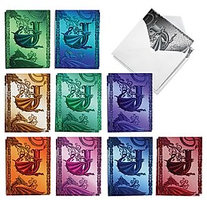 The Best Card Company - 20 Assorted Colored Monogram Blank Notecards, Personal Stationary Bulk Box Set 4 x 5.12 Inch w/Envelopes, Miss you and Just Because Notes - Dragon Initials J AM10319OCB-B2x10