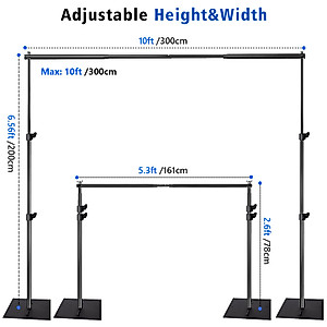 HYJ-INC Pipe and Drape Photography Backdrop Stand Kit Adjustable Photo Background Stand 10ft x 6.5ft with Metal Base for Parties Weddings Birthday Party Events Photo Booth