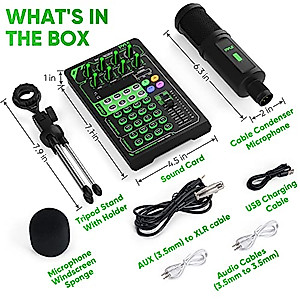 Pyle Portable Bluetooth Live Broadcast Sound Card Pro Audio Interface DJ mixer Condenser w/Microphone Set, for Streaming podcasts Studio, Recording PC, Gaming, Phone, w/FX, Ambient Sounds - PKSCRD308