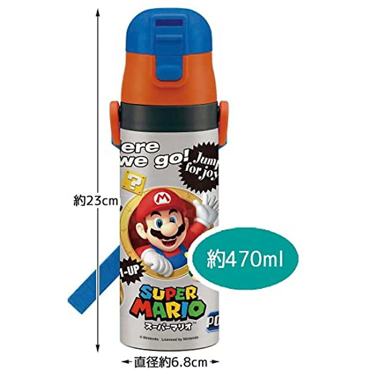 Skater SKDC4 Children's Water Bottle, 2-Way, Direct Drinking, One-Touch Cup Included, Super Mario, Diameter 2.7 x Height 9.1 inches (68 x 230 mm), 15.2 fl oz (430 ml), Stainless Steel, Kids Boys