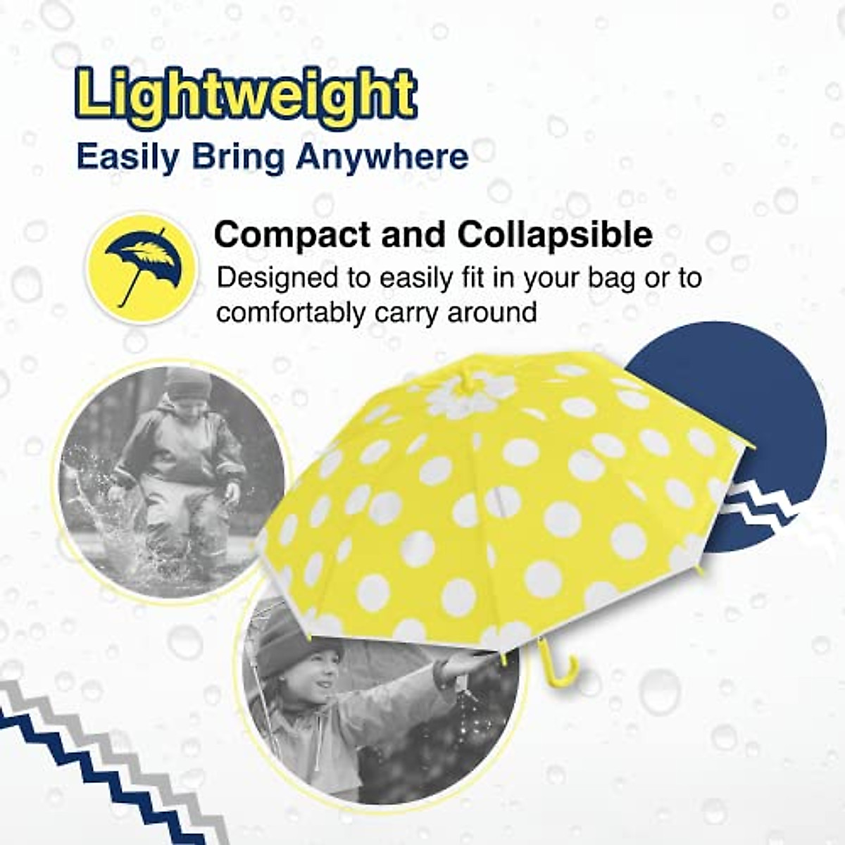 The Weather Station Children's Mini Manual Rain Umbrella, Fiberglass, Windproof, Lightweight, and Packable for Travel, Full 32 Inch Arc, Yellow Dot