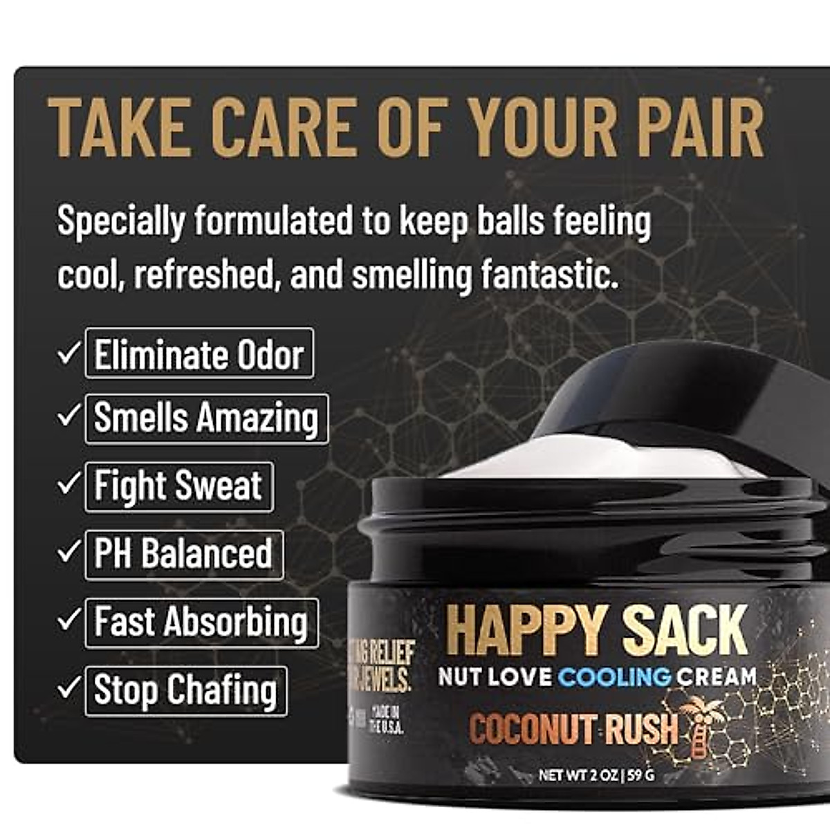 Derm Dude Happy Sack Ball Deodorant & Anti Chafing Cream for Men | Formulated With All-Natural DeoPlex for Odor Control | Aluminum Free Nut Love Cooling Cream - Coconut Rush Scent, 2 oz (1 Pack)