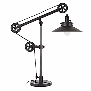 Henn&Hart 29" Tall Wide Brim/Pulley System Table Lamp with Metal Shade in Blackened Bronze/Blackened Bronze, Laptop Desk, Computer Desk, Home Office