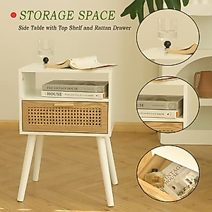 MaxSmeo White Nightstand with Drawer, Mid Century Modern Nightstand, Rattan Side Table, End Table with Storage for Living Room, Bedroom and Small Spaces, Easy Assembly (White)