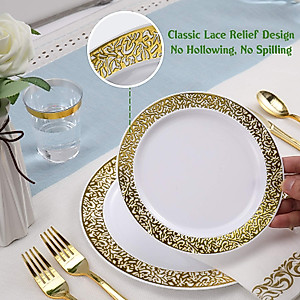 FOCUSLINE 175 Gold Dinnerware Set for 25 Guests, White Plastic Plates with Gold Lace Rim Design, Including 25 Disposable Dinner and Dessert Plates, 25 Silverware Set, 25 Cups, 25 Napkins