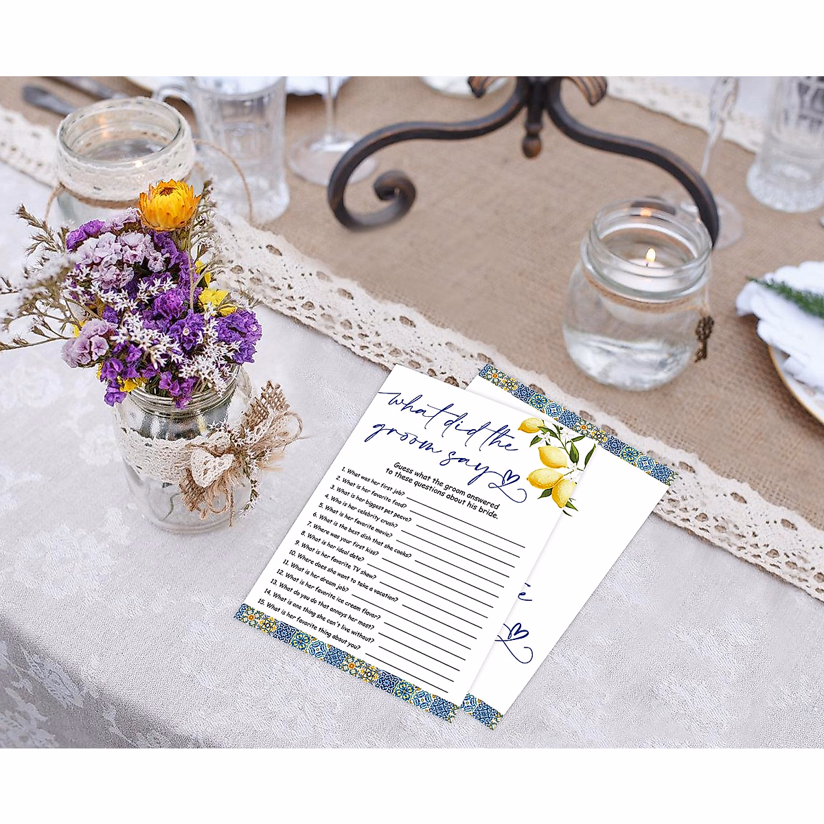 Blue Tiles and Lemons What Did the Groom Say Game for 30 Guests with Game Cards, Lemons Bridal Shower Game, Modern Bridal Shower Decorations, Wedding Shower or Bachelorette Party Supplies - 02
