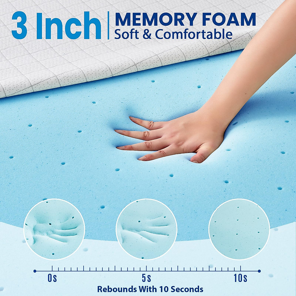 3 Inch Gel Memory Foam Mattress Topper Queen for Back Pain Pressure Relief, Cooling Bed Topper with Washable Breathable Soft Cover, Non-Slip Straps Ventilated CertiPUR-US