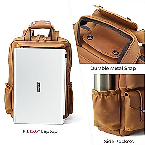 Cowhide Leather Multi Pockets 16 Inch Laptop Backpack Day Pack Travel Bag (Light Brown(Updated Version))