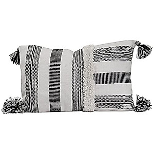 Foreside Home & Garden Black Striped Woven 14x22 Outdoor Decorative Throw Pillow with Hand Tied Tassels, 22 x 14 x 5