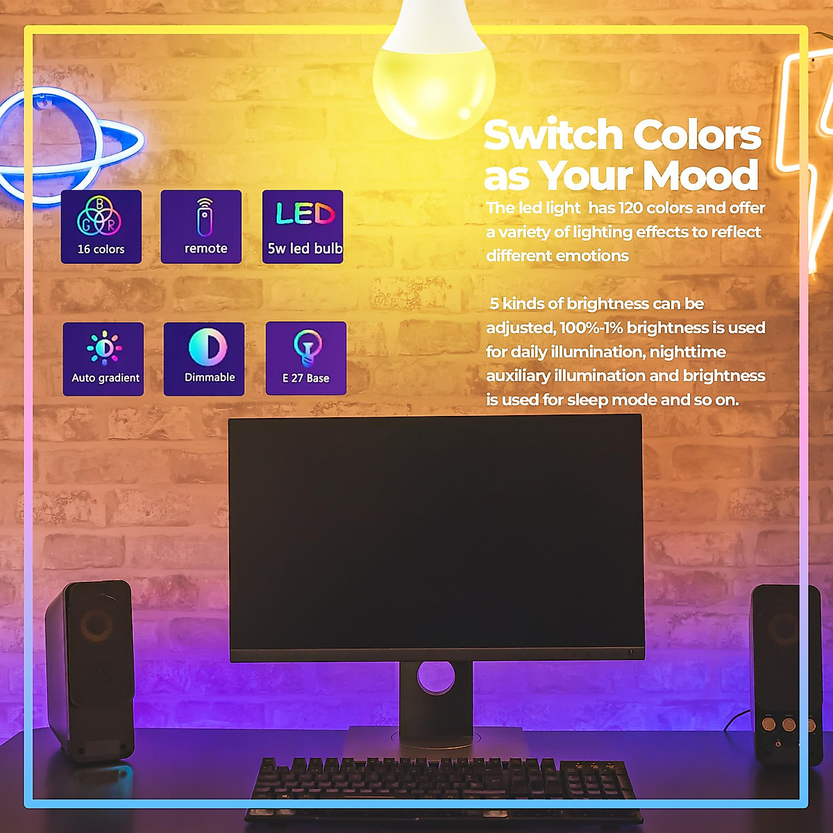 Droiee Dimmable E26 Warm LED Light Bulb, 6W RGBW Color 500LM with 16 Color Changing Modes for Christmas, Party etc with Remote Control 2 Pack