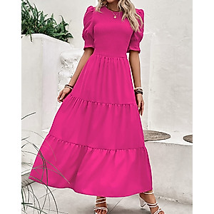 BTFBM Women Casual Summer Dresses 2024 Spring Crew Neck Ruffle Short Sleeve Floral Print Smocked Boho Flowy Maxi Dress(Solid Rose Red, Small)
