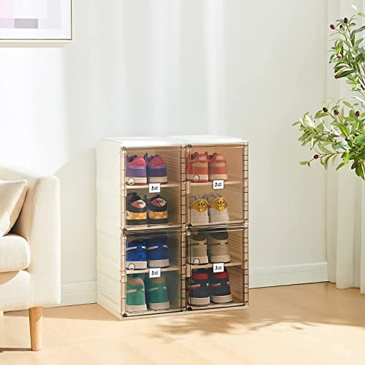 MAYIBOX Shoe Cabinet 2-20 Grid Stackable Transparent Folding Shoe Box Plastic Storage Box Storage 2-40 Pairs of Shoes (2 Rows 8 grids)