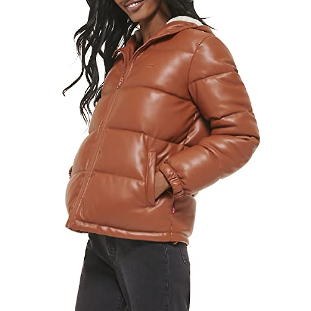 Levi's Women's Vegan Leather Quilted Hooded Puffer, Camel, X-Large
