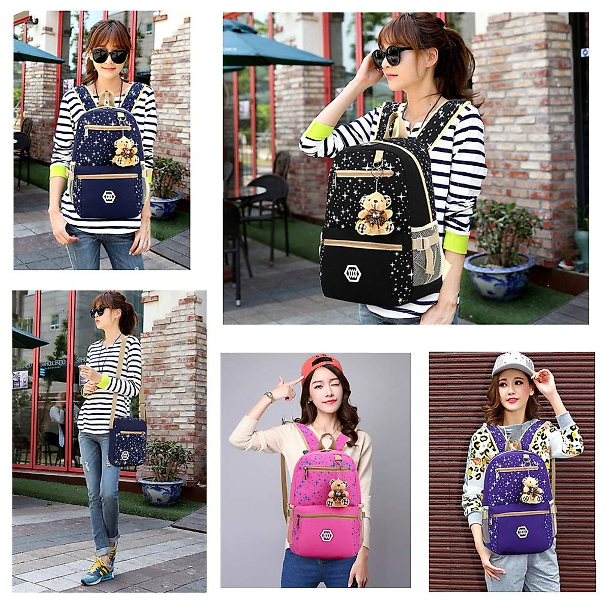 Star Print Girls Canvas Backpacks Set for School, School Bags Bookbags for Teenage Girls, with Crossbody Bag, 3 Pieces