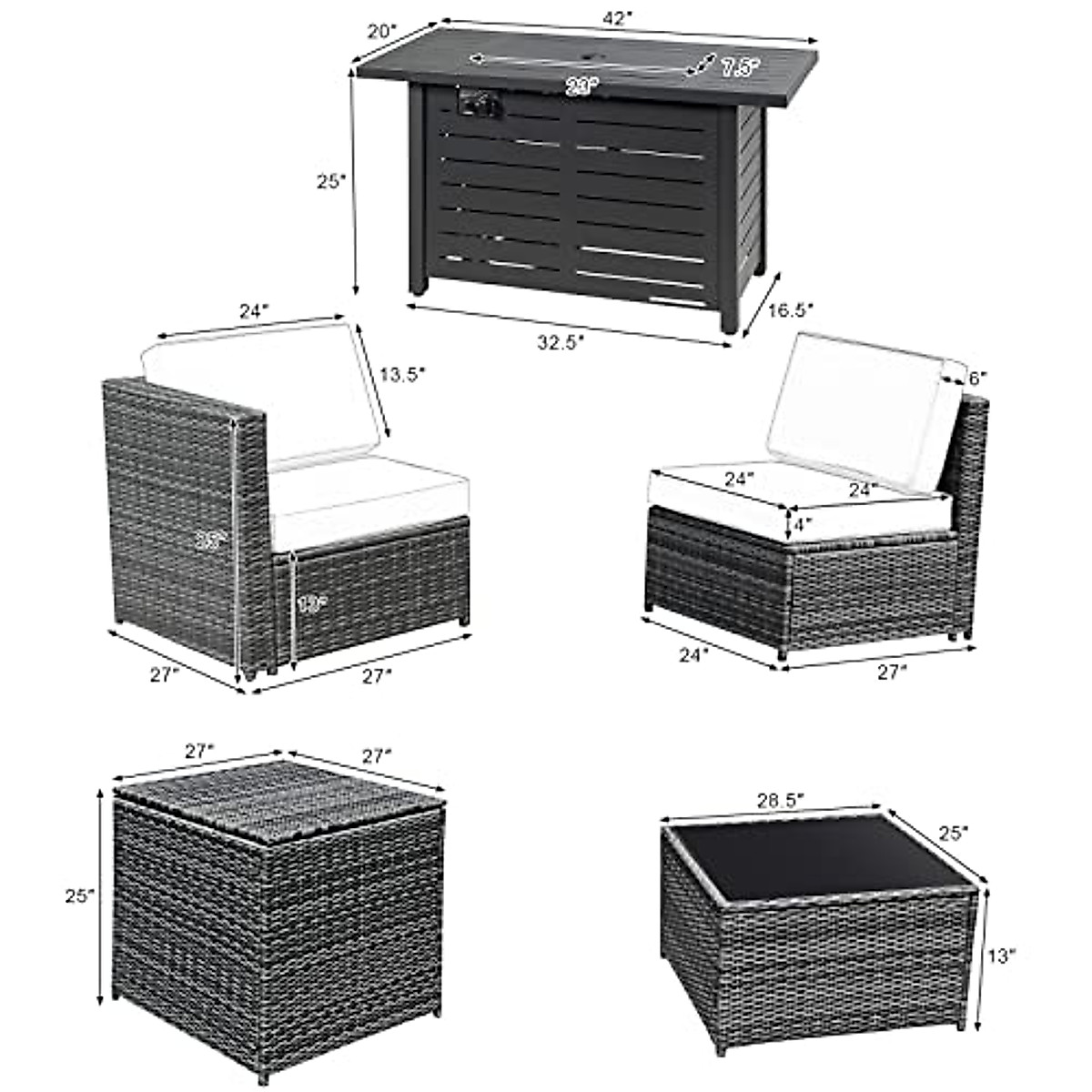 Tangkula 9 Pieces Patio Rattan Furniture Set, Patiojoy Sectional Sofa Set w/Fire Pit Table, Storage Box, Coffee Table, Outdoor Wicker Conversation Set w/ 42” Propane Fire Pit Table (Grey)