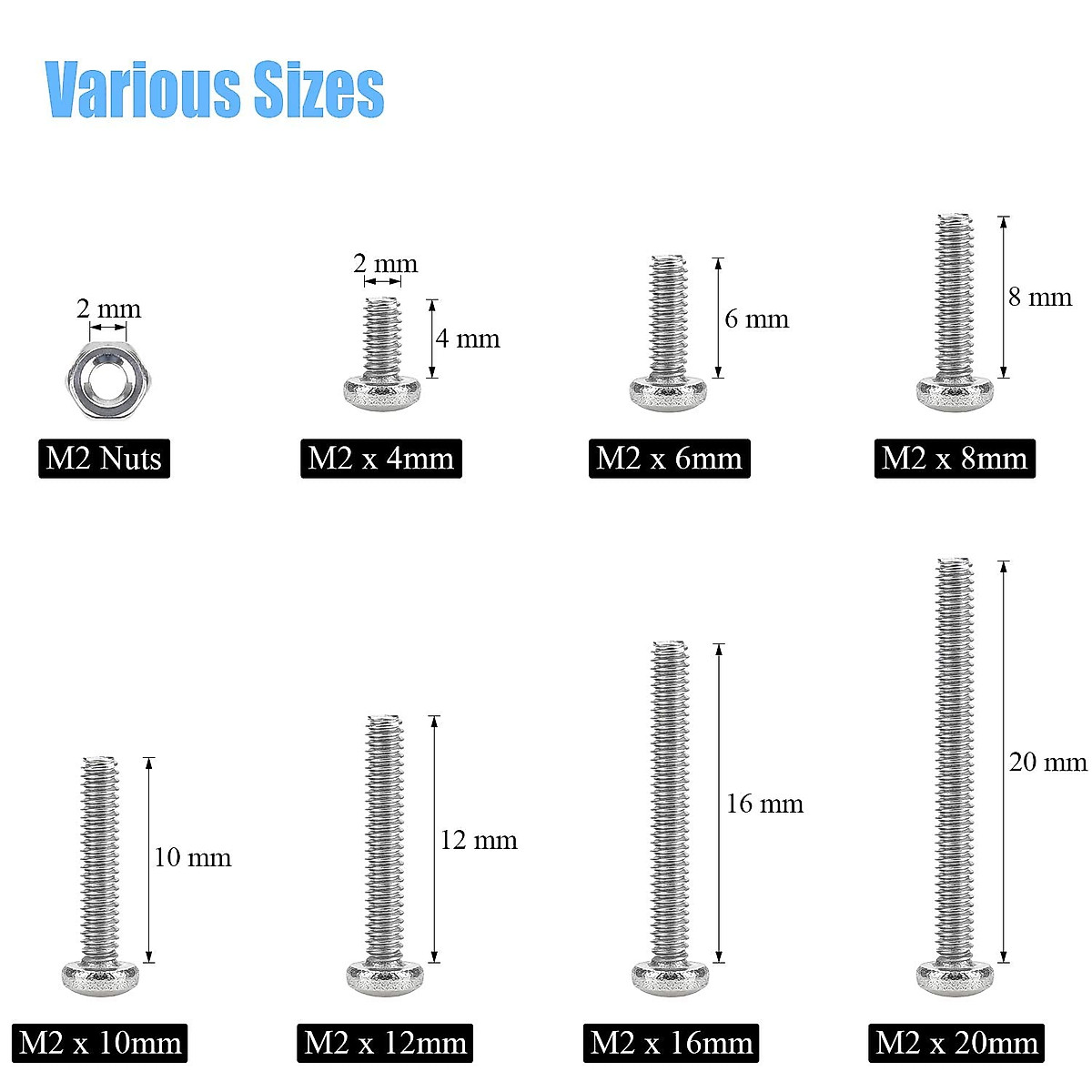 DYWISHKEY 310 Pieces M2 x 4mm/6mm/8mm/10mm/12mm/16mm/20mm, Stainless Steel 304 Phillips Pan Head Cap Bolts Screws Nuts Kit