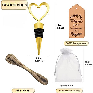 50Pieces Love Design Heart Shape Wine Stoppers for Wedding Favors,Party Return Gifts for Guests, with White Sheer Bag and Blessing Card (gold)