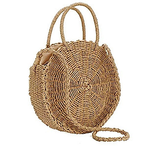 Gets Straw Beach Bag for Women Handmade Weave Straw Handbag Round Summer Shoulder Bag (2 Coffee Color)