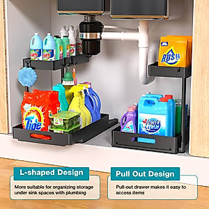 JWQ Under Sink Organizer 2 Pack, Pull Out L-Shaped Bathroom Kitchen Sink Organizers and Storage, Versatile 2 Tier Under Sink Cabinet Drawer Shelf, Bathroom Accessories and Kitchen Essentials, Black