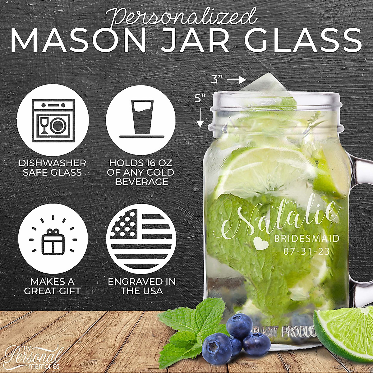 Bridesmaid Mason Jar Tumbler Cups - Custom Personalized for Wedding Bridal Party Mason Jars
