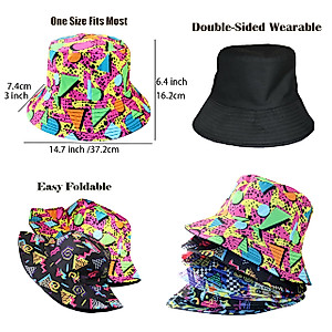 6 Pack Retro 80s 90s Bucket Hats for Men Women, Funny Retro Party Hats, Vintage Print Fisherman Hats for Disco Hip hop Party, Unisex Reversible Portable Hat Outdoor Fashion Sun Cap Colorful