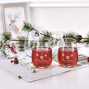 Merry Christmas Stemless Wine Glass Set for Women Friends, Christmas Idea for Mom Wife Girlfriend Sister Wedding Birthday Party, Set of 4