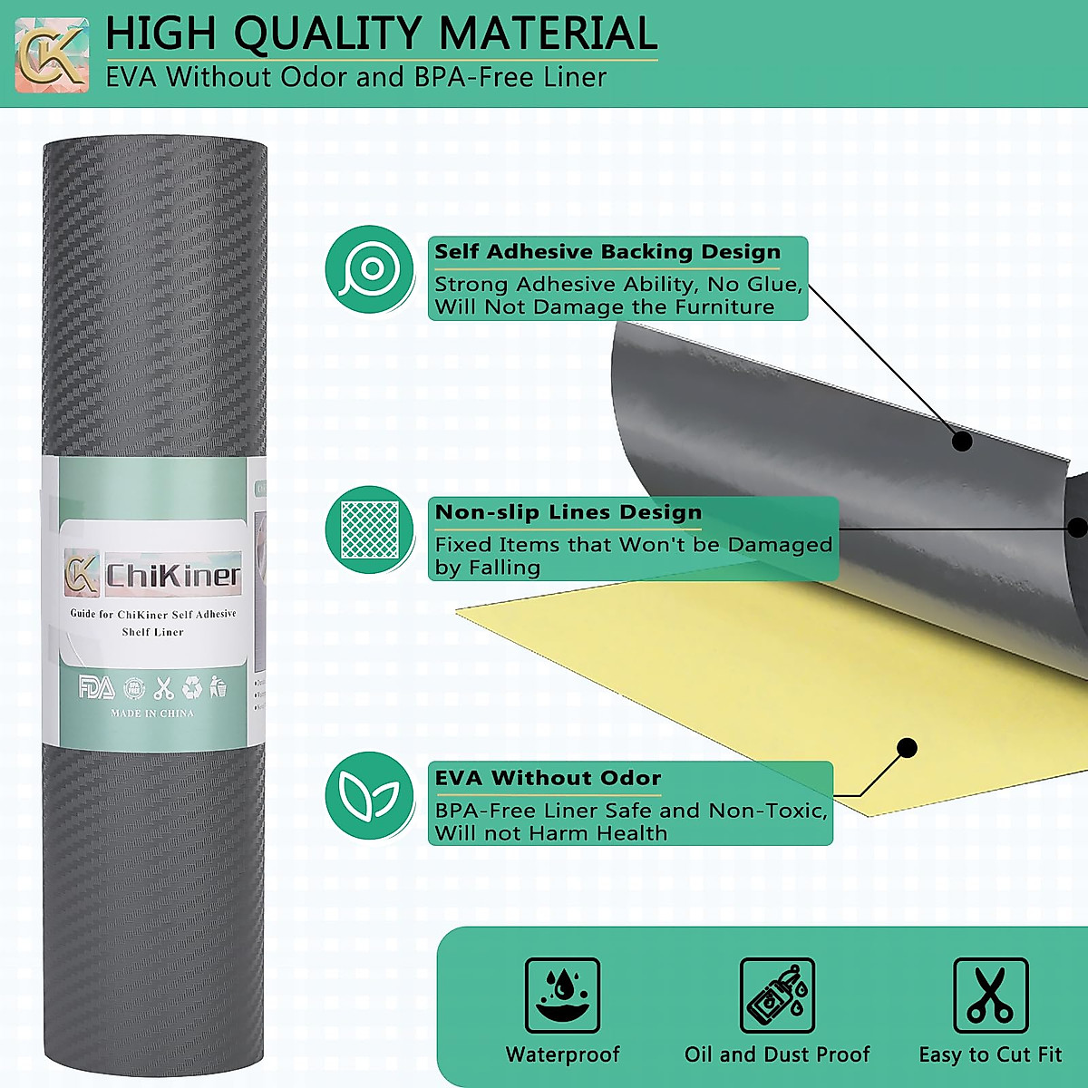 Self-Adhesive Shelf Liner Kitchen Liner, Waterproof Backed Paper Easy Peel and Stick Contact Liner Without Residue for Decor Your Desk Surface, Kitchen Countertops (Silver, 11.8 x 118.1 inches)