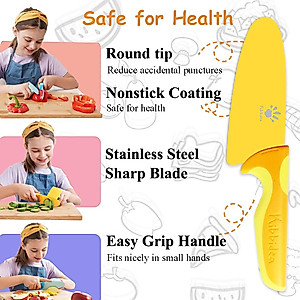 Kibbidea Kid Chefs Knife for Real Cooking, Stainless Steel Kids Kitchen Knife, BPA-Free Kids Friendly Knife with Finger Guard, Cut-proof Glove, Kids Knives Set for Cutting (Orange)