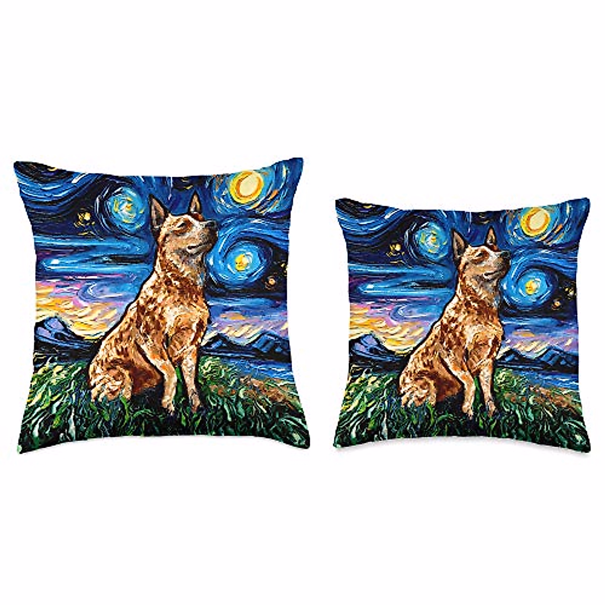 Sagittarius Gallery Red Heeler Starry Night Impressionist Cattle Dog Art by Aja Throw Pillow, 16x16, Multicolor