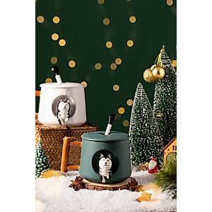 DIHOclub Ceramic Coffee Mug with Lid and Matching Spoon,Novelty 3D Husky Pattern Mug for Tea Milk Chocolate Juice,Cute Cup for Dog Lovers,Perfect Gifts-14 Ounces (green)