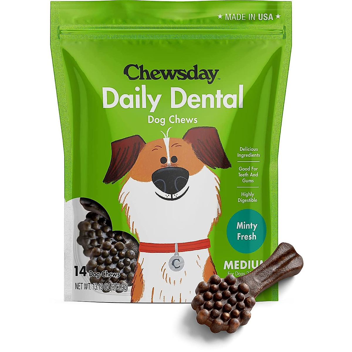 Chewsday Extra-Small Minty Fresh Daily Dental Dog Chews, Made in The USA, Natural Highly-Digestible Oral Health Treats for Healthy Gums and Teeth - 28 Count