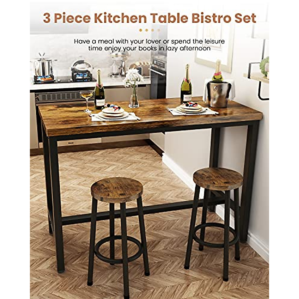 Recaceik 3 Piece Pub Dining Set, Modern bar Table and Stools for 2 Kitchen Counter Height Wood Top Bistro Easy Assemble for Breakfast Nook Living Room Small Space Restaurant, Rustic Brown 47"