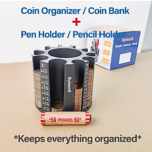 Byteen8 Coin Counter Coin Sorter｜Pen Holder + Coin Holder as Desk Organizer｜Piggy Bank for Adults & Kids + Pencil Holder for Desk｜Coin Wrappers Coin Bank Store 500pcs｜Creative Gifts for Kids & Family