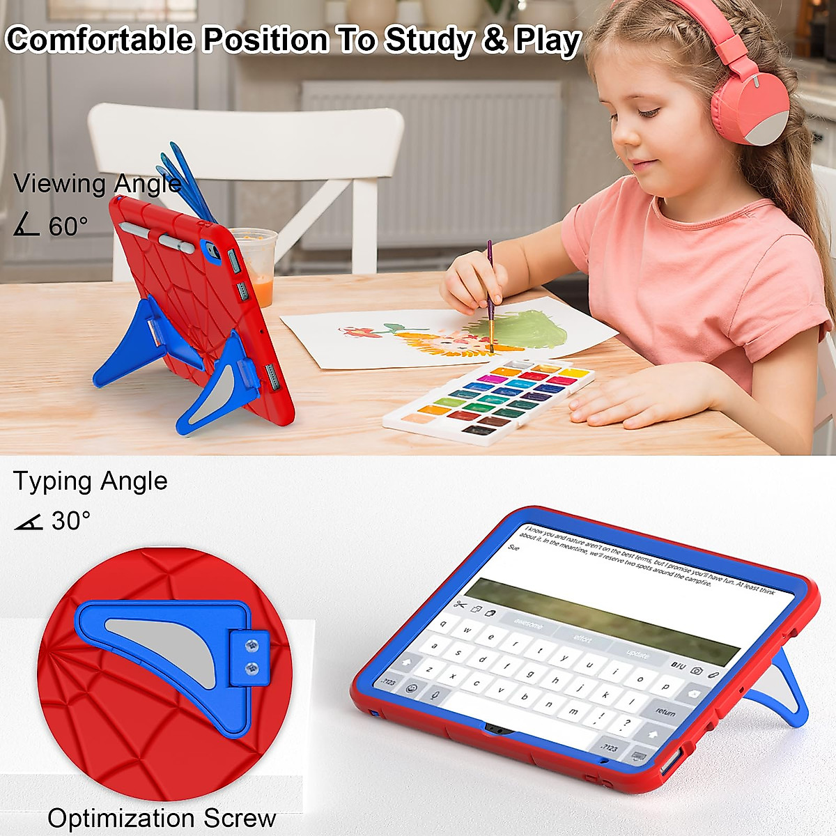 Case for iPad 10th Generation Case iPad 10.9 Case 2022 New iPad 10th Gen Case for Kids 10.9 Inch Shockproof Protective Cover with Pencil Holder & Shoulder Strap & Kickstand for Kids Children -Red Blue