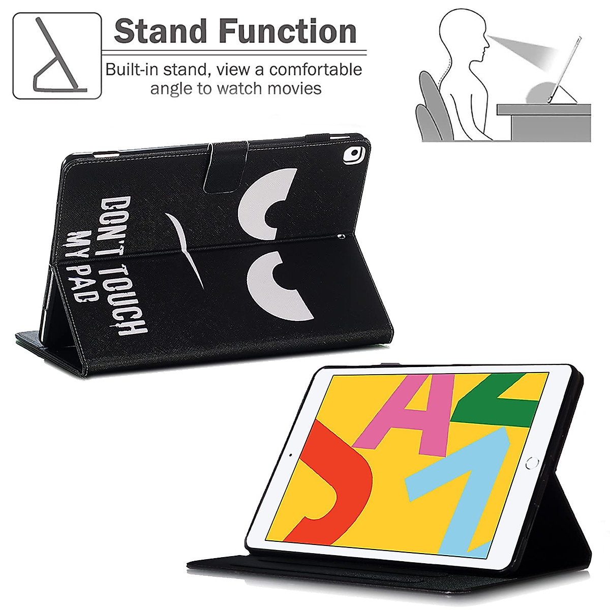 Billionn Case for iPad 9/8/7 (10.2-Inch, 2021/2020/2019 Model, 9th/8th/7th Generation), with Auto Sleep/Wake and Screen Protector, Premium PU Leather Smart Cover, Don't Touch My PAD