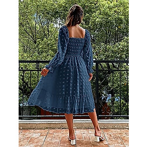 Amegoya Women's Elegant Square Neck Long Sleeve Formal Dress Fall Swiss Dot Modest Smocked Midi Wedding Guest Dress (Navy Blue L)