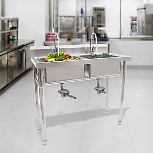 RustyVioum Stainless Steel Sink, 2 Compartment Free Standing Utility Sink, Commercial Sink for Garage Restaurant Kitchen Laundry Room Outdoor, (35.8" W x 21.3" D x 40" H, Silver)