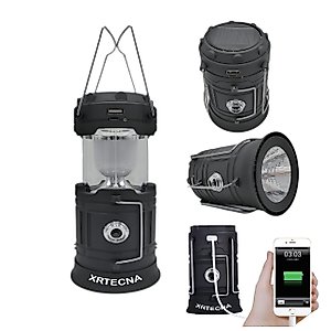 XRTECNA Solar Camping Lantern Large Capacity DC Rechargeable Charging LED Camping Light with USB Charger, Electronic Lantern for Camping Hurricanes Emergencies Power Outages Homes Indoor Outdoor 1Pack