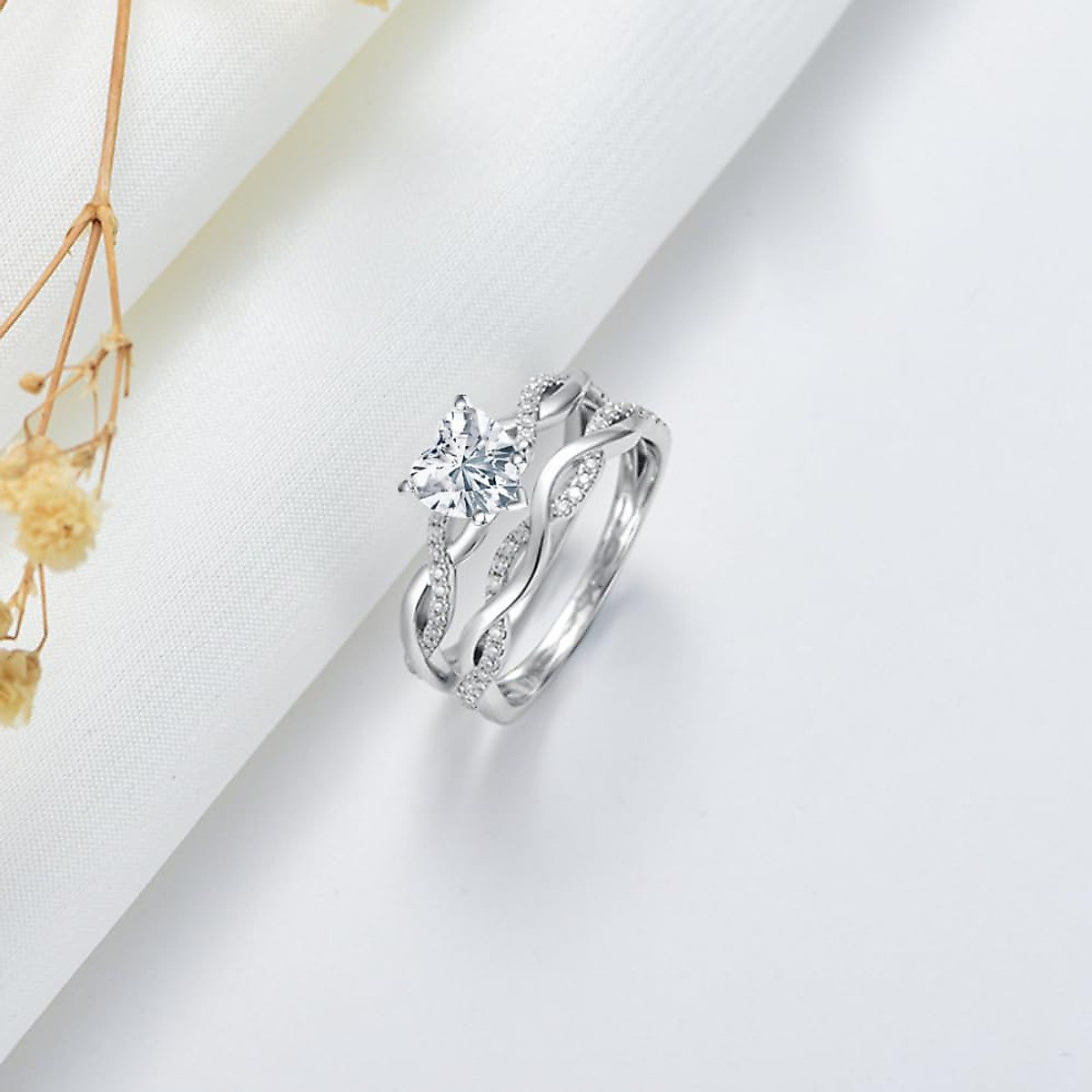 Heart Wedding Ring Set for Women 1-1/2 Carat(ctw) Moissanite Bridal Sets Wedding Rings Heart Sahped Twiseted Engagement Ring Set 925 Sterling Silver 10K 14K 18K Gold (Style 6)