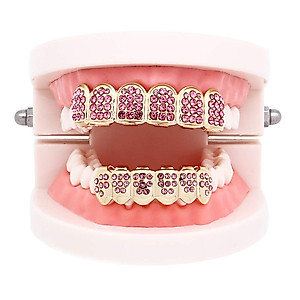 18K Gold Plated Iced Out CZ with Red Blue Pink Diamond Top and Bottom Grills for Your Teeth Men Women Hip Hop Jewelry