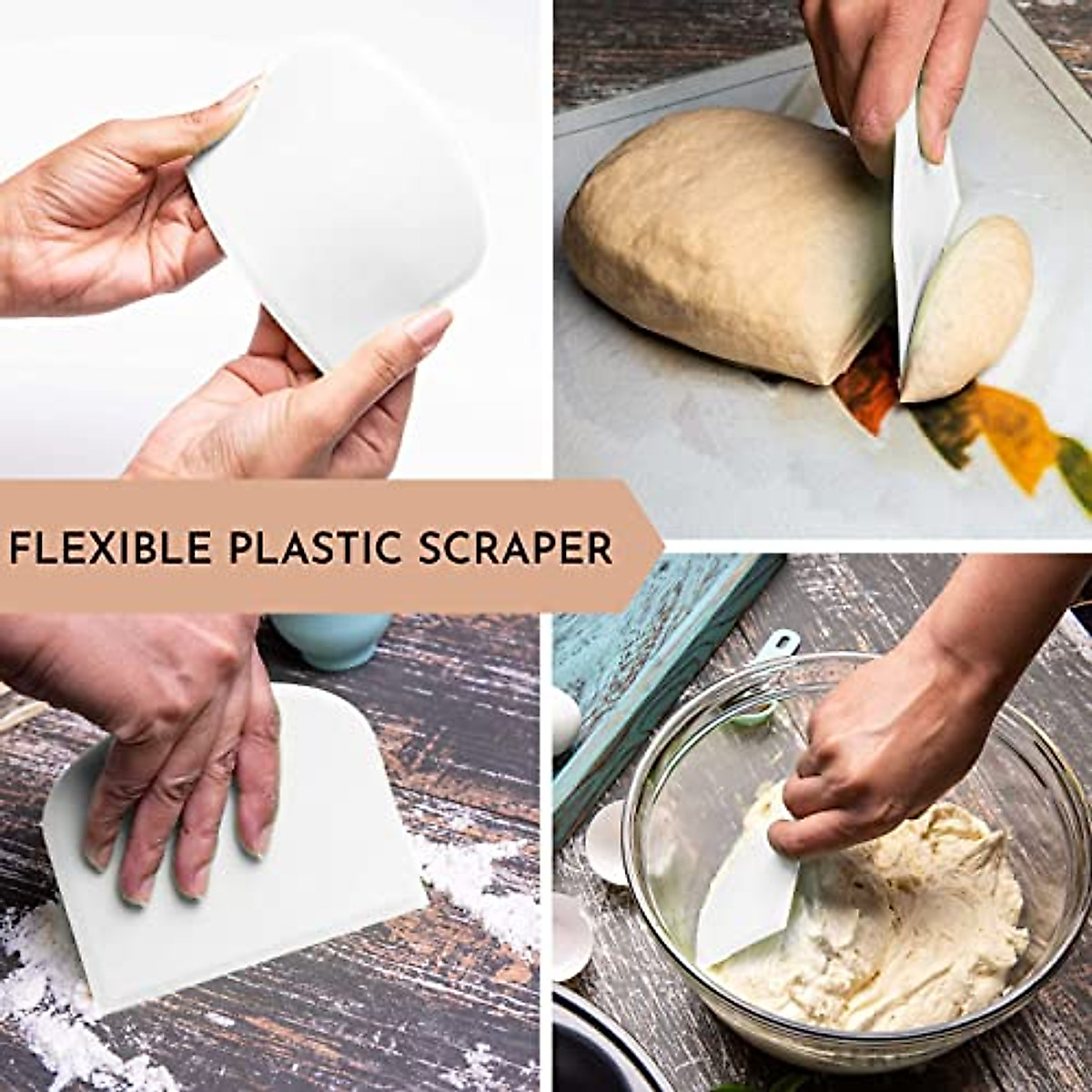 Sofease The Original Danish Dough Whisk - 304 Stainless Steel Ring Nonstick Dutch Whisk for Dough - Long Wooden Danish Dough Whisker Bread Mixer Handle Bundle with Flexible Plastic Scraper Cutter