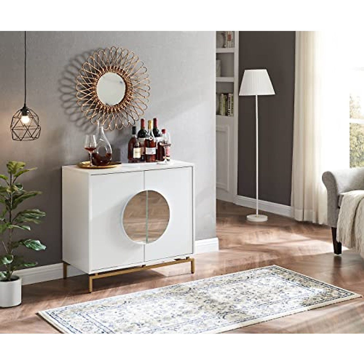 Home Source 31.5'' White Modern Bar Cabinet, Wooden Double Door Cabinet with Half Moon Handles, Storage Cabinet with Wine Rack, Solid Metal Legs, Spacious Counter Top