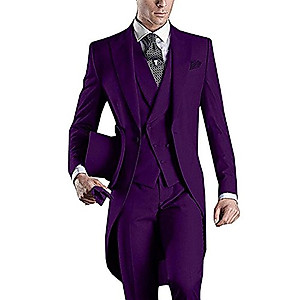 High-End Suits Men's Tailcoat Formal Slim Fit 3-Piece Suit Long Jacket Dinner Tuxedo Wedding Tux & Vest & Trousers Purple