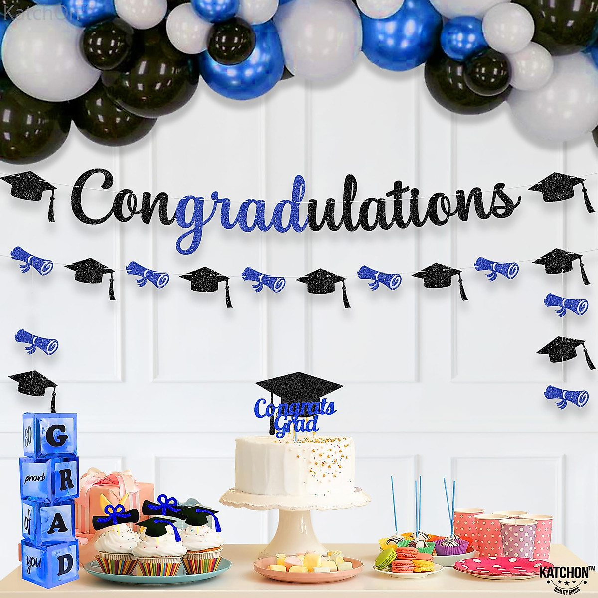 KatchOn, Glitter Congratulations Banner - 10 Feet | Pre- Strung Congrats Grad Banner | Black and Blue Graduation Decorations Class of 2024 | Graduation Cap Garland for Congratulations Decorations